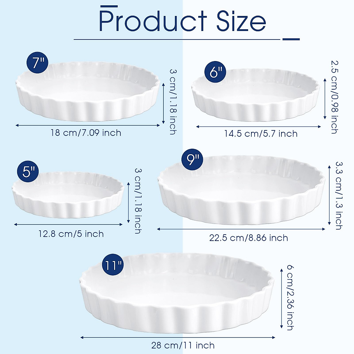 Zhehao 5 Pcs Porcelain Tart Pan Set, 5"/ 6"/ 7"/ 9"/ 11" Quiche Ceramic Baking Dish Non Stick Round Pie Dish White Pie Plate with Ruffled Edge for Tarts, Pie, Microwave, Dishwasher and Oven Safe