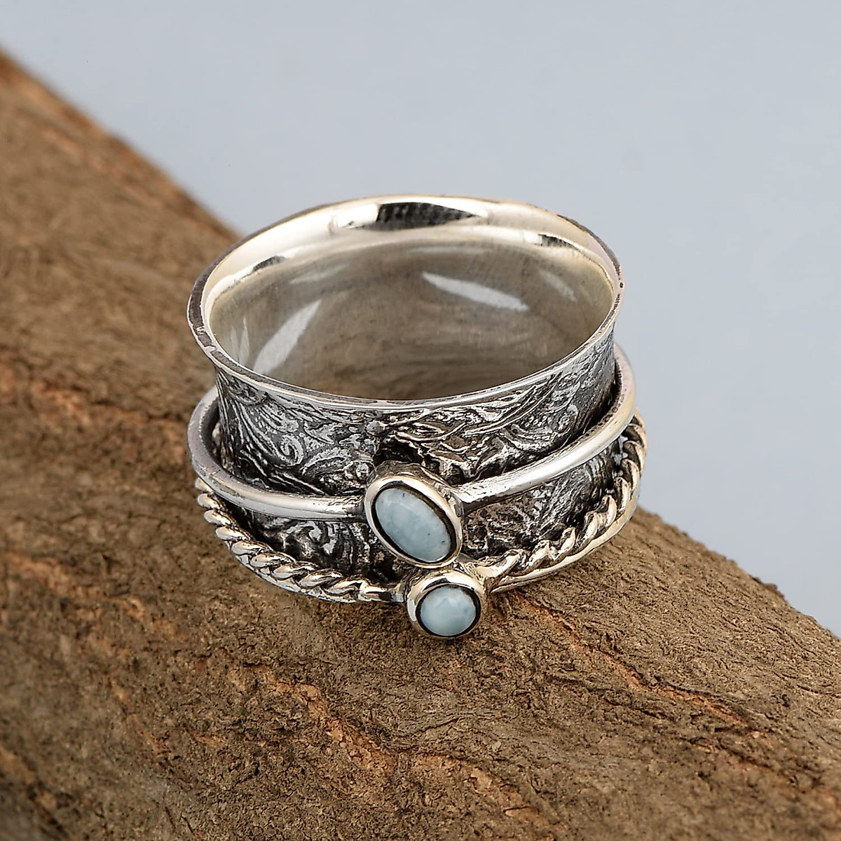 Spinner Ring !! 925 Sterling Silver Larimar Gemstone Meditation Ring, Anxiety Ring, Fidget Ring, Anti Stress Ring, Worry Band (11) (12) (8)