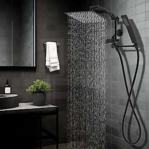 Hibbent All Metal 10'' Rainfall Shower Head, Square Shower Head Combo, High Pressure Handheld Shower Wand, 16'' Adjustable Arc-shaped Shower Extension Arm, 71'' Hose, 2 Showerhead Holders, Matte Black