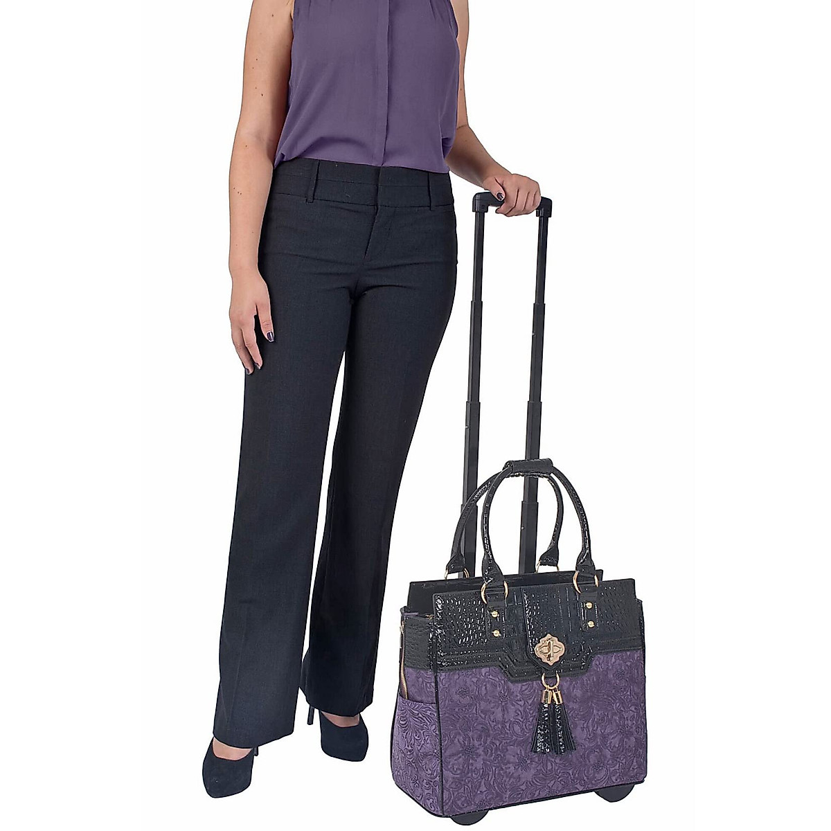 JKM Rolling Laptop Bag Women - The Contessa Purple Rolling Work Bag, Rolling Briefcase for Women