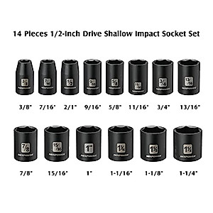 MIXPOWER 14 Pieces 1/2-Inch Drive Shallow Impact Socket Set, 3/8-Inch to 1-1/4 Inch, CR-V, SAE, 6 Point, Shallow, 14 Pieces 1/2" Dr. Shallow Socket