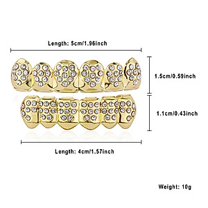 JINAO Gold Grillz 14K Gold Plated Iced Out Mouth Teeth Grillz Top Bottom Tooth Caps Hip Hop Bling Gold shiny Grills for Your Teeth for Men Women Costume Jewelry (Love Heart)