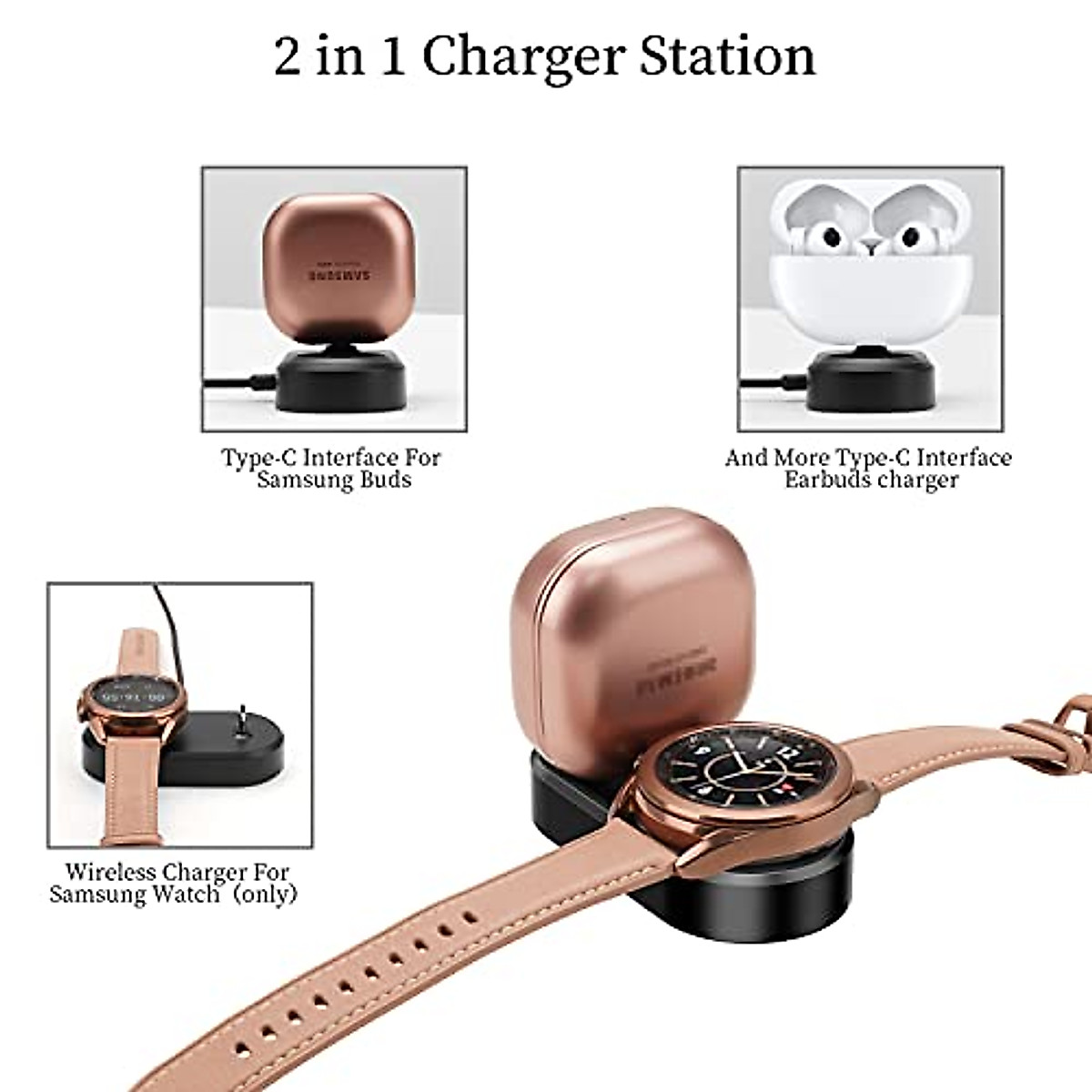 2 in 1 Charger Stand for Samsung Watch and Earbuds, Galaxy Watch Charger Dock Compatible with Samsung Galaxy Watch 3/Active 2/Active & Galaxy Buds 2/Pro/Live/Buds+/Buds and More Type-C Buds