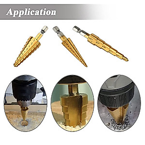 Mesee 3 Pcs Step Drill Bit Set, High-Speed HSS Steel Step Cone Drill Bits 1/4 Inch Hex Shank Step Drill Titanium Coated Hole Drilling Cutter Tool for Wood Plastic Sheet Metal