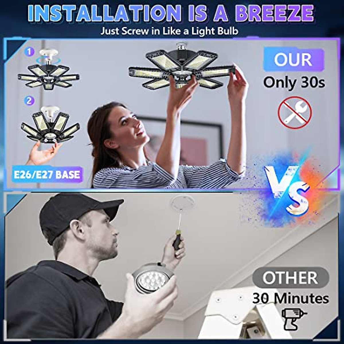 2 Pack LED Garage Light,200W Garage Light 20000lm Deformable Garage Lights Ceiling Shop Light with 7+1 Adjustable Panel,6500K Daylight Folding Screw in Garage Lighting Bulb E26/E27 for Workshop Garage