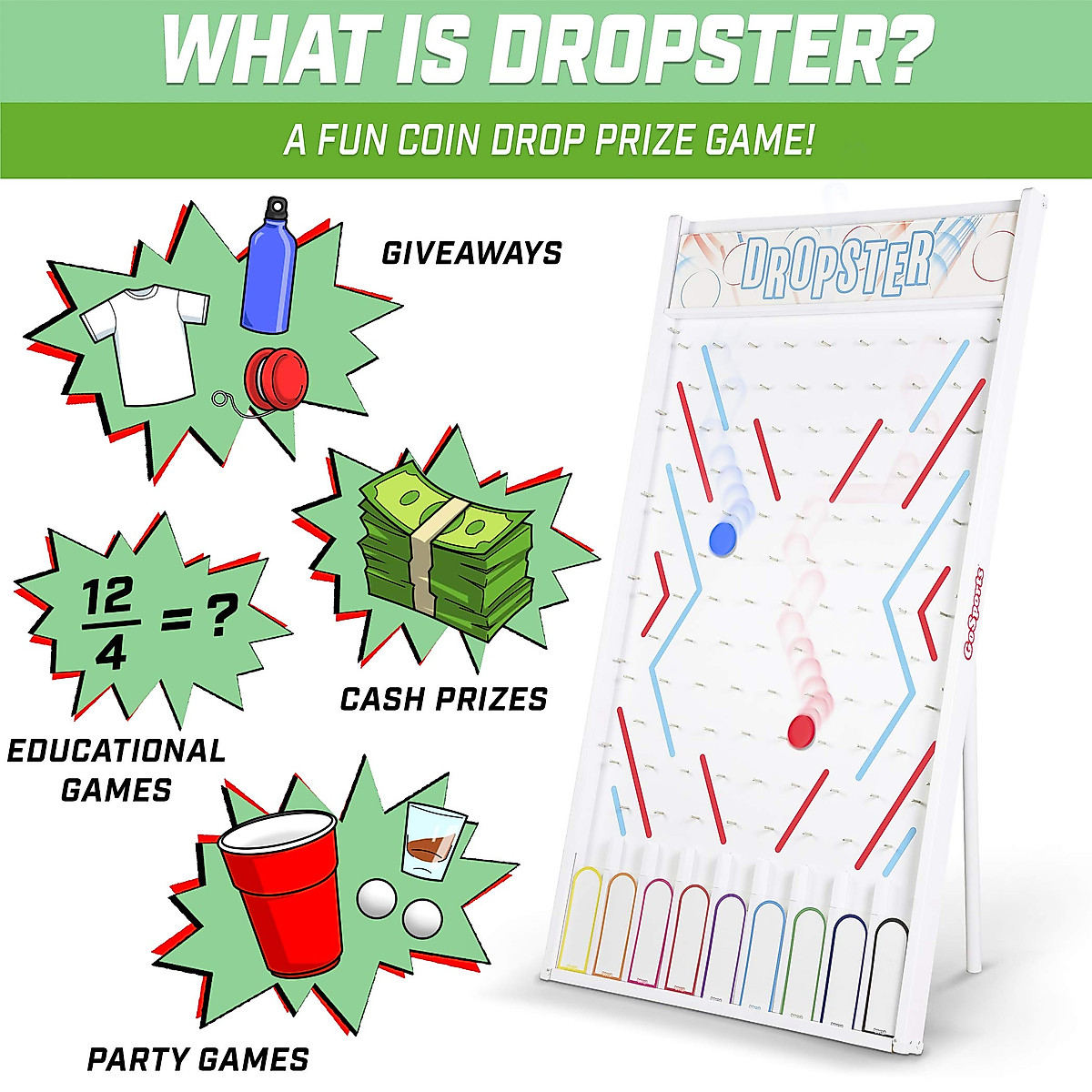 GoSports DROPSTER Prize Drop Game with Customizable Slots - Game Show Style Coin Drop - Great for Trade Show Prizes, Educational Trivia, Party Games & More