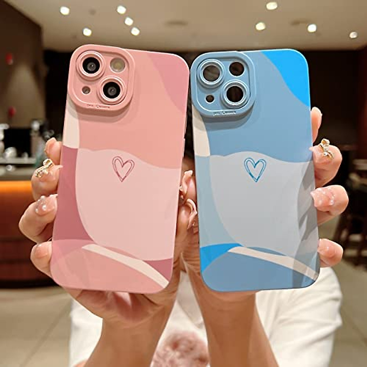 YKCZL Compatible with iPhone 13 Mini Case 5.4 Inch, Cute Painted Art Heart Pattern Full Camera Lens Protective Slim Soft Shockproof Phone Case for Women Girls(Pink)