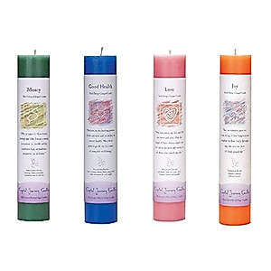 Crystal Journey Herbal Pillar Candle with Inspirational Labels - Bundle of 4 (Money, Good Health, Love, Joy) Each 7"x1.5" Handcrafted with Lead-Free Materials