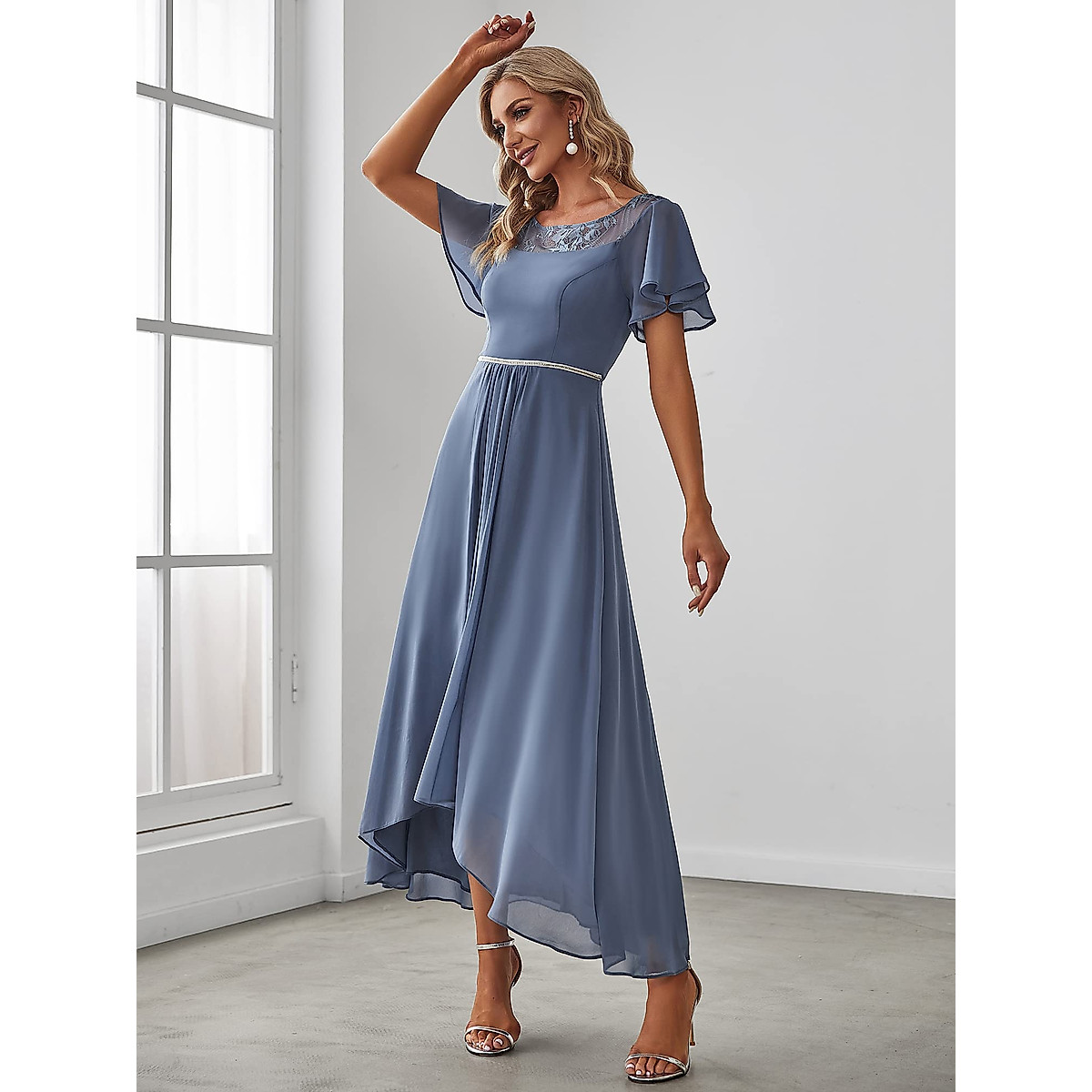 Ever-Pretty Women's Ruffles Sleeve High Low Lace Beaded Chiffon Midi Bridesmaid Gowns Wedding Guest Dress Dusty Blue US14