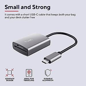 Trust Dalyx Fast USB Cardreader, Fast USB 3.2 Gen 1 with USB-C Connector, 104 MB/s with Compatible UHS-I Cards, (Micro) SD, SDHC and SDXC up to 2 TB, MacBook, PC, Laptop, Chromebook