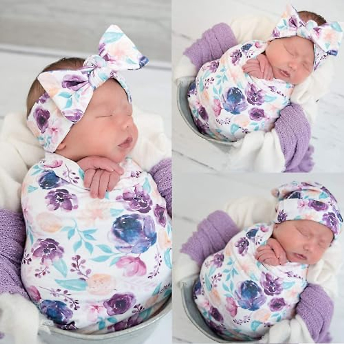 Newborn Receiving Blanket Girl, Stretchy Baby Swaddle Blankets Headband Hat Set, New Born Hospital Outfit Infant Shower Gift, 0-3 Months, Purple Floral