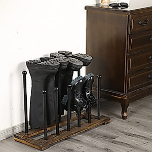 MyGift Modern Entryway Black Metal Boots and Shoe Rack with Rustic Burnt Solid Wood Base, Freestanding Tall Cowboy Boots Work Boot Organizer, Holds 6 Pairs