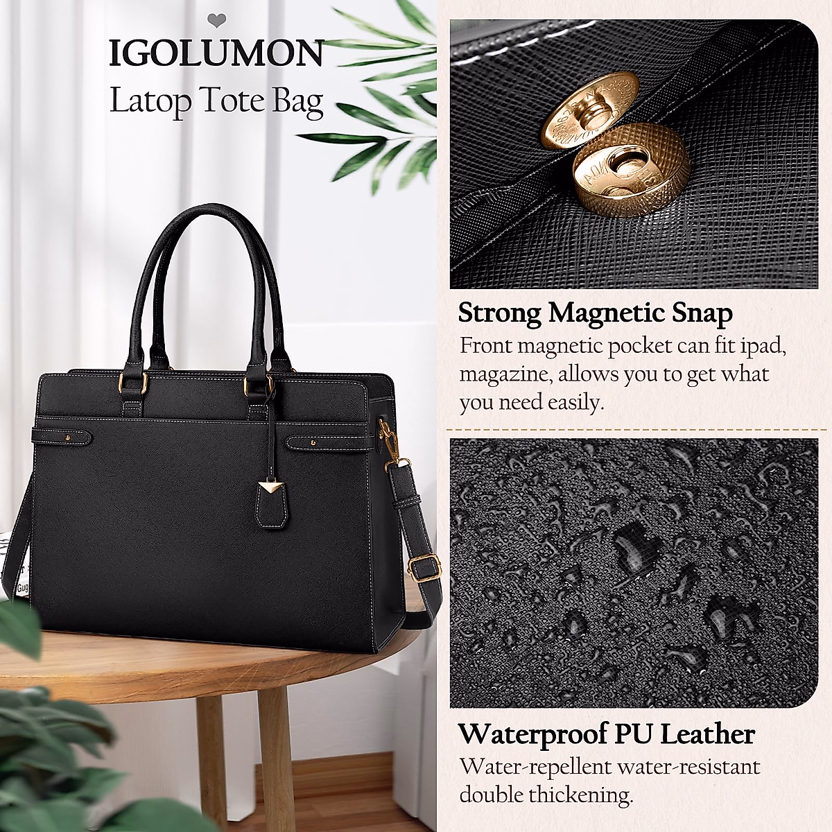 IGOLUMON Laptop Bag for Women 15.6 Inch Leather Tote Bag Professional Work Bag Waterproof Computer Briefcase Large Capacity Handbag Shoulder, Black