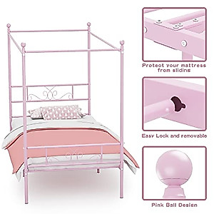 Weehom Metal Canopy Bed Frame Platform Bed 4 Posters Sturdy Steel Mattress Foundation with Headboard and Footboard Box Spring Replacement Easy DIY Assembly Twin,Pink