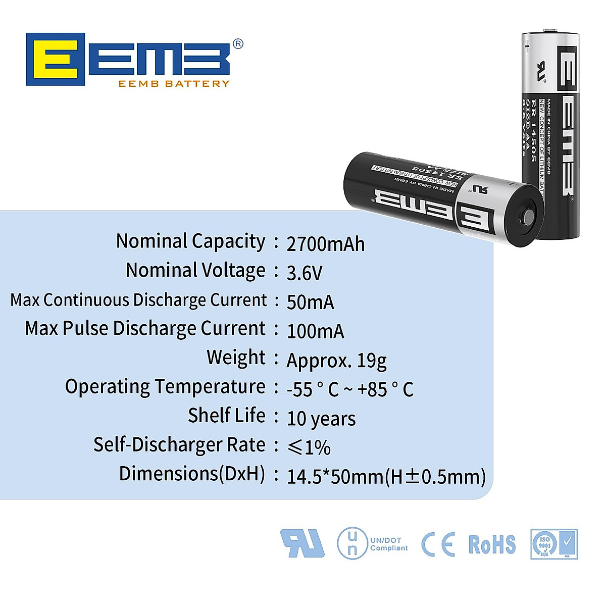 EEMB 4Pack ER14505 AA 3.6V Lithium Battery Li-SOCL₂ Non-Rechargeable Battery SB-AA11 LS14500 TL-5903 SL-360 S7-400 ER14500 for Sensor Water Electricity Meter Gas PLC Facility Equipment Spare Battery