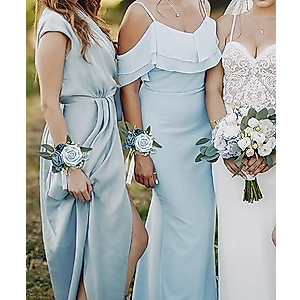 YSOJMAN Set of 2 Wrist Corsage Wristlet for Wedding Bridesmaid Mother Grandmother for Bridal Shower Wedding Artificial Roses Flower Prom (Dusty Blue)