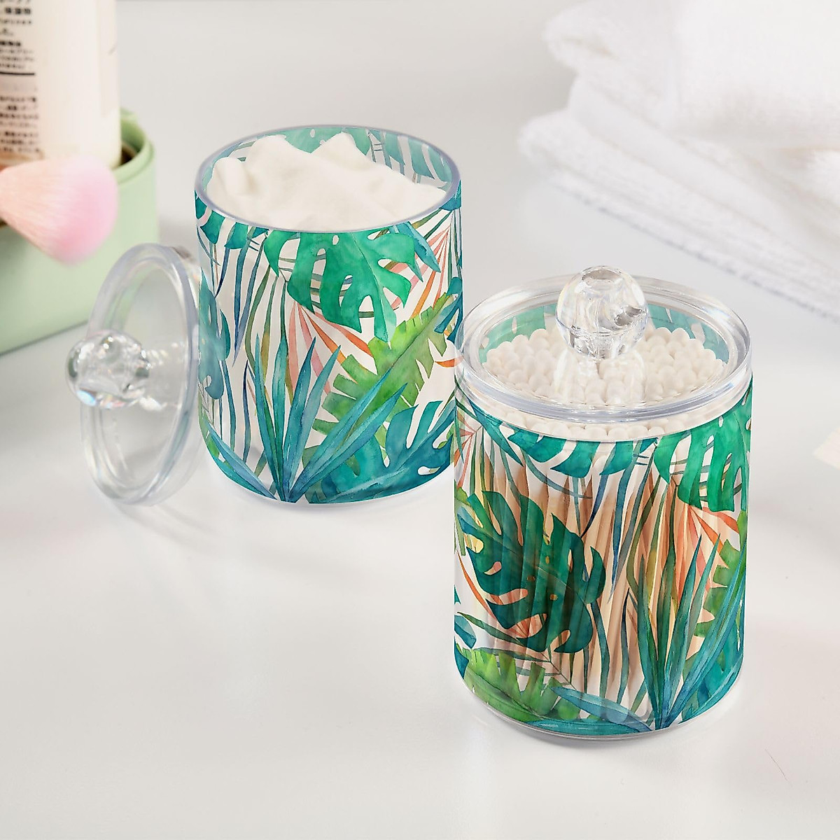 Palm Leaves 2 Pack Qtip Holder Organizer Dispenser Plastic Bathroom Jars Storage Containers with Lids Clear Jars for Home Bathroom Decor