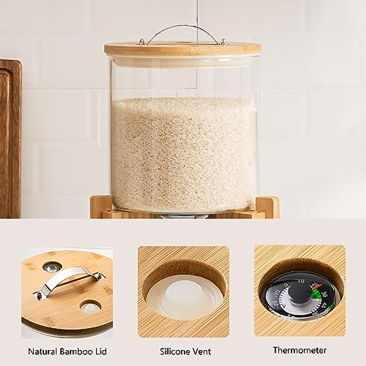 HBlife Glass Rice Dispenser with Wooden Stand Flour and Cereal Container with Glass Measuring Cup Pantry Food Organization Storage Bin with Airtight Bamboo Lid, 8L