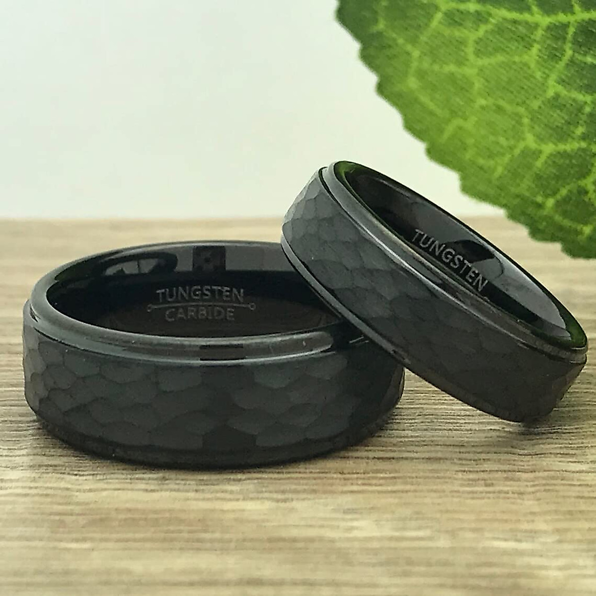 8mm/6mm His and Hers Black Tungsten Ring, Personalized Tungsten Rings, Hammered Tungsten Rings, Anniversary Rings TCR496 (With Inside Engraving)