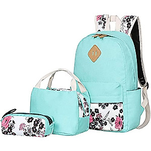 Bluboon Teens Backpack Set Canvas Girls School Backpack Lunch Box Pencil Bags Student Bookbags 3 in 1 (Water Blue-14)
