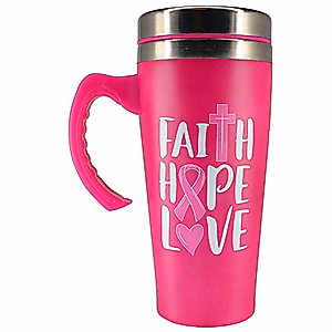 Pink Breast Cancer Awareness 16 oz. Stainless Steel Thermal Printed Coffee Mug - Faith, Hope, Love