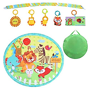 Kirumie Baby Play Gym, Baby Play Mats for Babies and Toddlers with 5 Toys. Visual, Hearing, Touch, Cognitive Development Baby Tummy Time Activity Mat, Gift Idea for Newborns with Storage Bag.