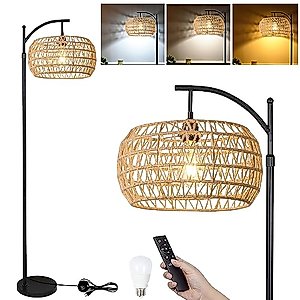 ILLMTW Arc Floor Lamp with Remote Control,Rattan Floor Lamps for Living Room Bedroom with 3 Color Temperature Dimmable,Hemp Rope Wicker Standing Lamp Shade,Black Boho Farmhouse Adjustable Floor Light