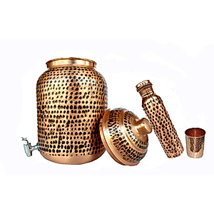 Rastogi Handicrafts pure copper Hammered water storage Tank Brown pot 4 liter capacity with Tumble and Copper Bottle