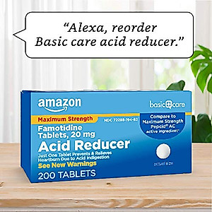 Amazon Basic Care Maximum Strength Famotidine Tablets 20 mg, Acid Reducer for Heartburn Relief, 200 Count ( pack of 1)