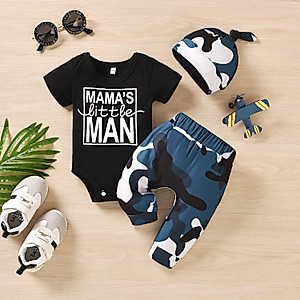 HIHA Preemie Newborn Baby Boy Clothes Set Short Sleeeve Romper Camoflauge Pants Hat 3PCS Mamas Man Outfit Mamas Little Boy Print (Blue Camo, Preemie)