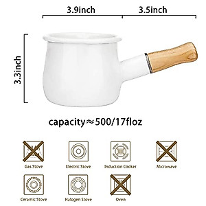 YumCute Home Enamel Milk Pan, Mini Butter Warmer 4 Inch 550ml Enamelware Saucepan Milk Warmer Small Cookware with Wooden Handle, Perfect Size for Heating Smaller Liquid Portions. (White)