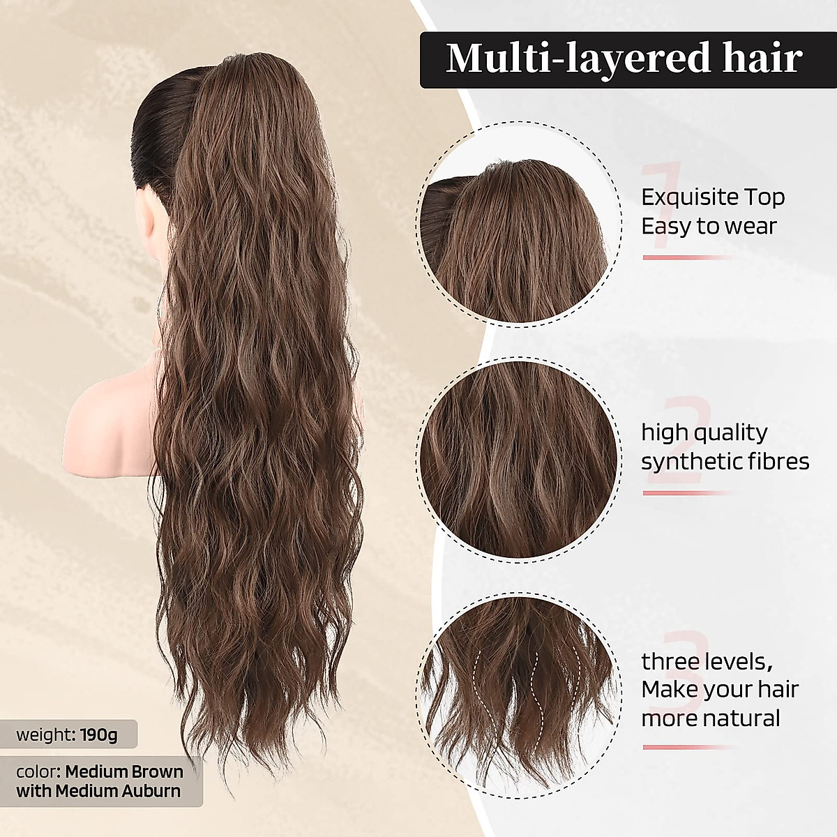 FLUFYMOOZ Ponytail Extension, 26 Inch Drawstring Ponytail Hair Extensions for Women， Long Curly Wavy Ponytail Natural Wavy Synthetic Hairpiece for Women (26 Inch Brown with Auburn)