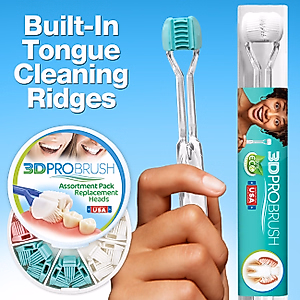 autisticare 3D Pro Brush | Three 3-Sided Toothbrush + 7-Pack Replacement Heads | Sustainable U-Shaped Triple Soft Bristle Heads + Tongue Scraper Approved | USA
