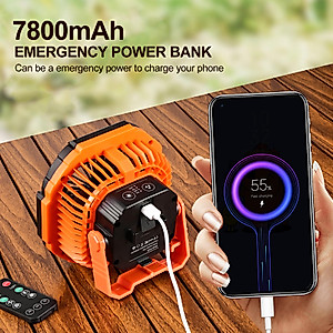 Odoland Portable Camping Fan with LED Light, 7800mAh Rechargeable Battery Operated Fan Lantern with Hook & Remote, USB Fan for Tent RV Hurricane Outages Emergency
