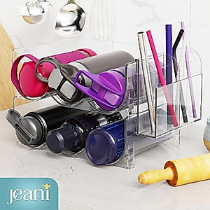 Jeani 2 Tiered Acrylic Water Bottle Organizer - Stackable Water Bottle Storage Rack with Attachable Side Bin - Multipurpose Water Bottle Shelf, Tumbler Organizer for Kitchen Cabinets, Pantry and More