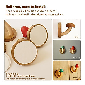 Auntzyj Fun Wooden Mushroom Coat Hook, Non-Perforated Solid Wood Hook, Kitchen Bathroom Cloakroom Door Hook (Red,4 pcs)