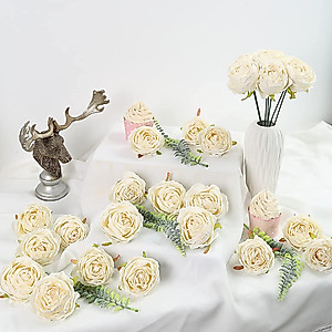 IPOPU White Roses Artificial Flowers Heads Bulk, 25pcs Vintage Dried Flowers Artificial Rose Heads Silk Fake Rose for Wedding Centerpieces for Dining Table Decor Wall Flowers Decorations (Off White)