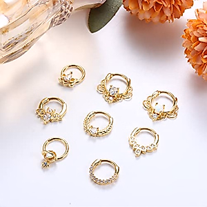 SAILIMUE 8Pcs 16G Septum Rings Daith Earrings Septum Piercing Jewelry 316L Stainless Steel CZ Opal Dangle Hinged Segment Septum Clicker Nose Rings Hoop Piercing Jewelry Gold 8MM