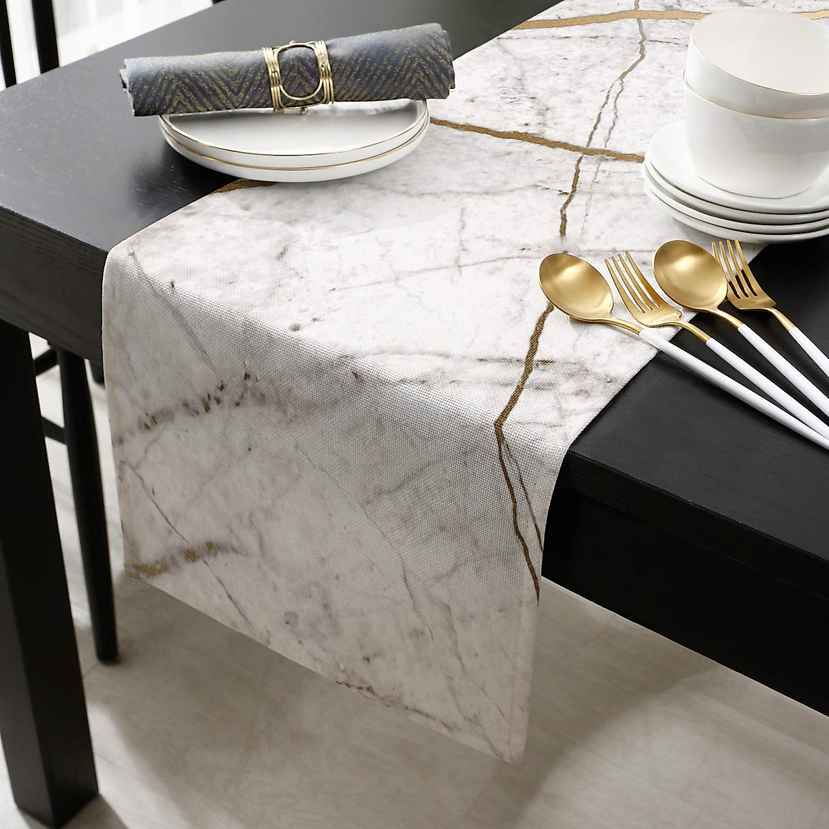 Marble Table Runner-Cotton linen-Long 72 inche White Gray Gold Dresser Scarves,Texture Tablerunner for Kitchen Coffee/Dining/Sofa/End Table Bedroom Home Living Room,Scarfs Decor for Holiday Dinner