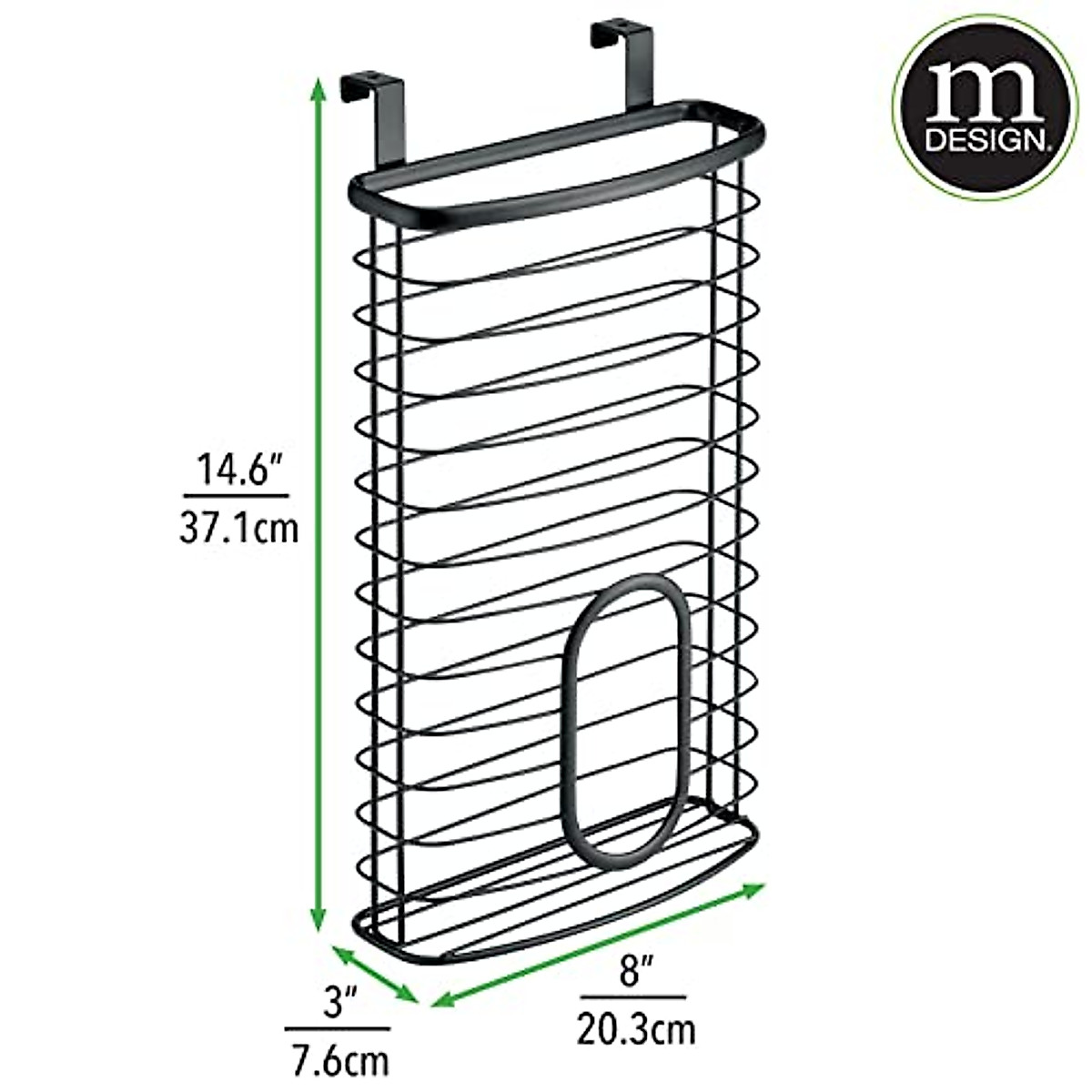 mDesign Steel Hanging Cabinet Storage Organizer Holder for Kitchen, Pantry - Holds Plastic, Sandwich, Garbage, Grocery and Trash Bags; Wrap, Foil, Pack - Spira Collection - Black