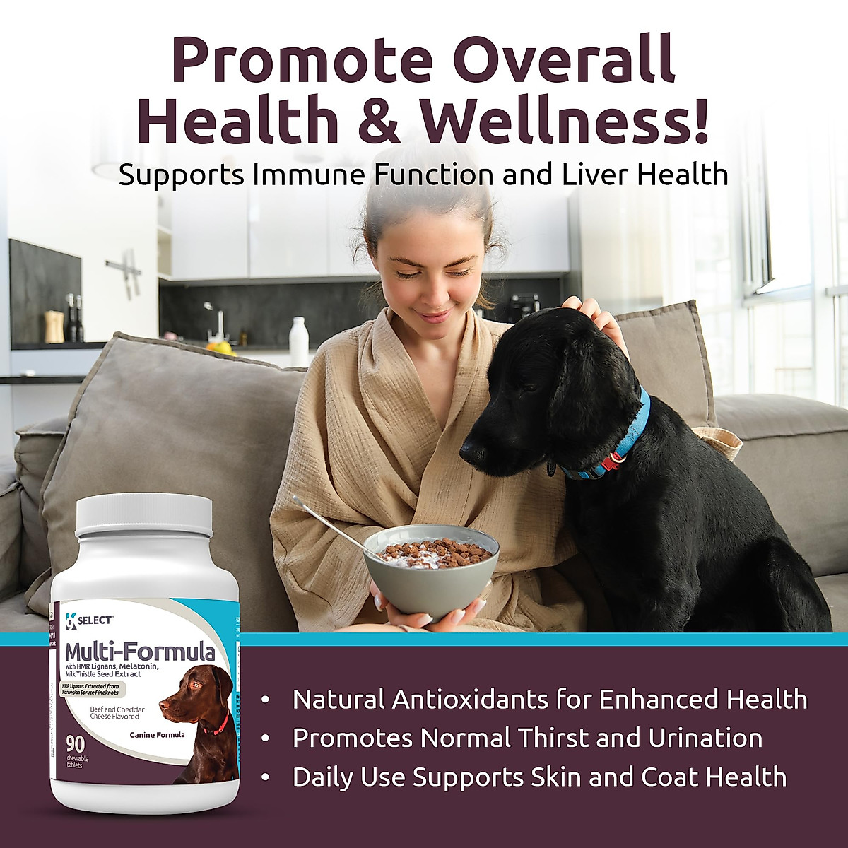 K9 Select Multi-Formula Dog Vitamins for Large Dogs - 30mg HMR Lignans, 3mg Melatonin, 60mg Milk Thistle - Helps Heart, Liver, Digestion, Skin & Coat Health, Dog Multivitamin, 90 Tablets, Beef Flavor
