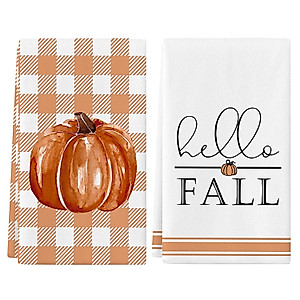 Siilues Fall Kitchen Towels Set of 2,18x26 Inch Fall Decor Hello Fall Decorations for Home Pumpkin Dish Towels Seasonal Thanksgiving Decorations for Home Kitchen Decor Hand Towels