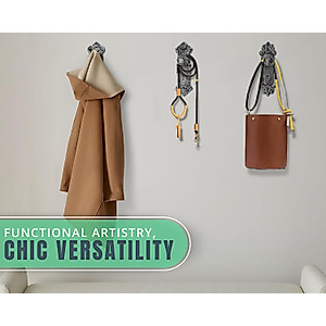 Shabby Chic Cast Iron Decorative Wall Mounted Hooks – Silver w/Black - Door Knob Coat Hooks for Wall - Set of 3 - Screws and Anchors Included - Antique Wall Hooks for Hanging Clothes