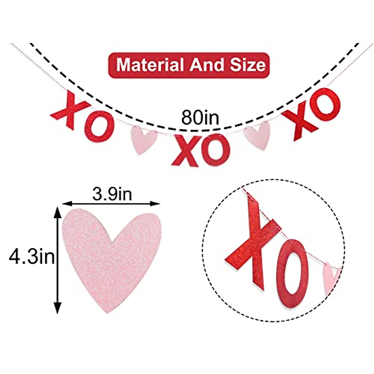 XOXO Banner For Valentine's Day - Glitter Red And Pink Party Decor XOXO Banner, Hugs & Kisses Valentine Decorations，Valentine's Day Decor, Wedding Engagement Bridal Shower Party Supplies Decorations For Home