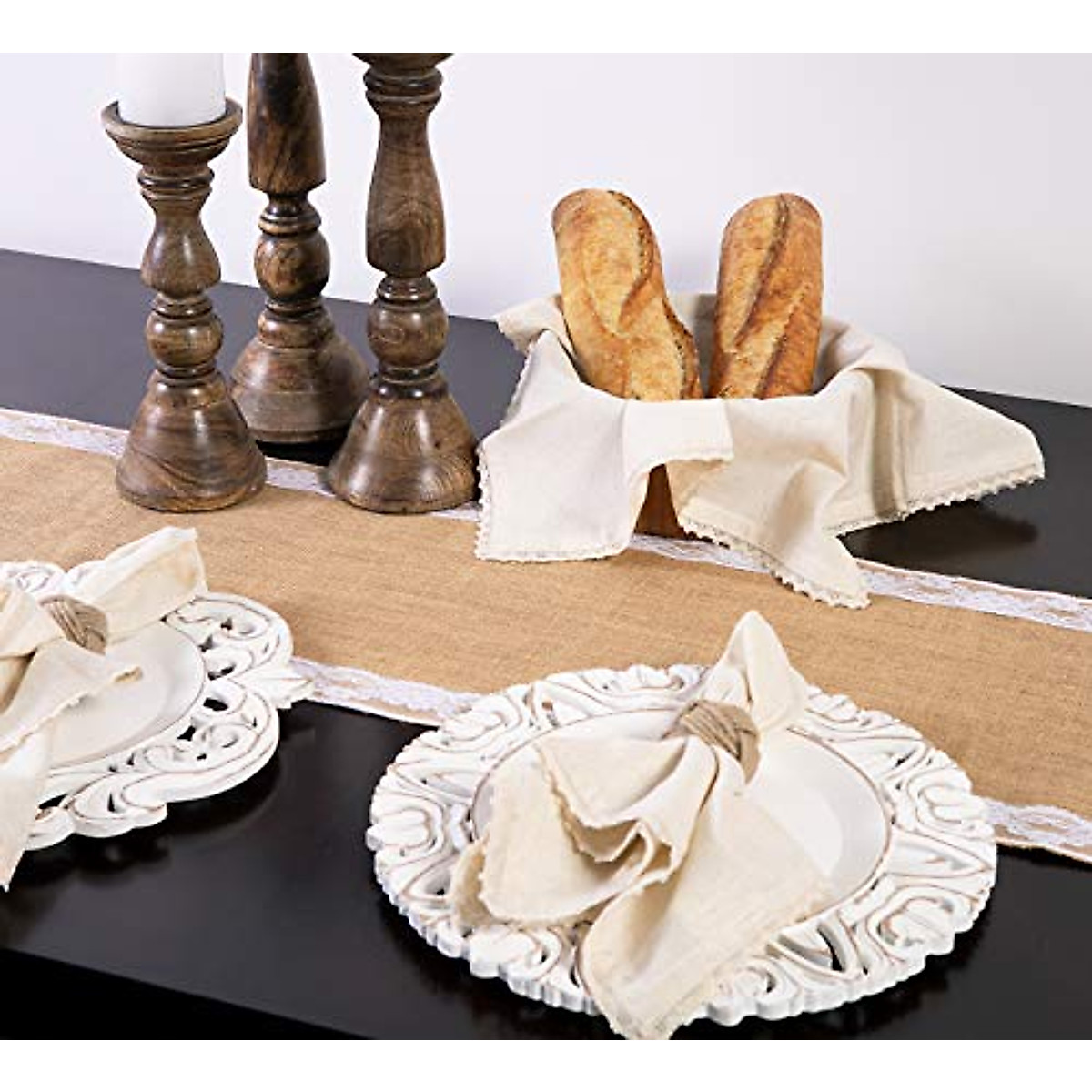 COTTON CRAFT Flax Linen Cloth Napkins with Lace - Set of 12 Lunch Dinner Napkins - Elegant Everyday Fall Harvest Thanksgiving Holiday Table Napkin - Washable Reusable Napkin - Oversized 20x20- Natural