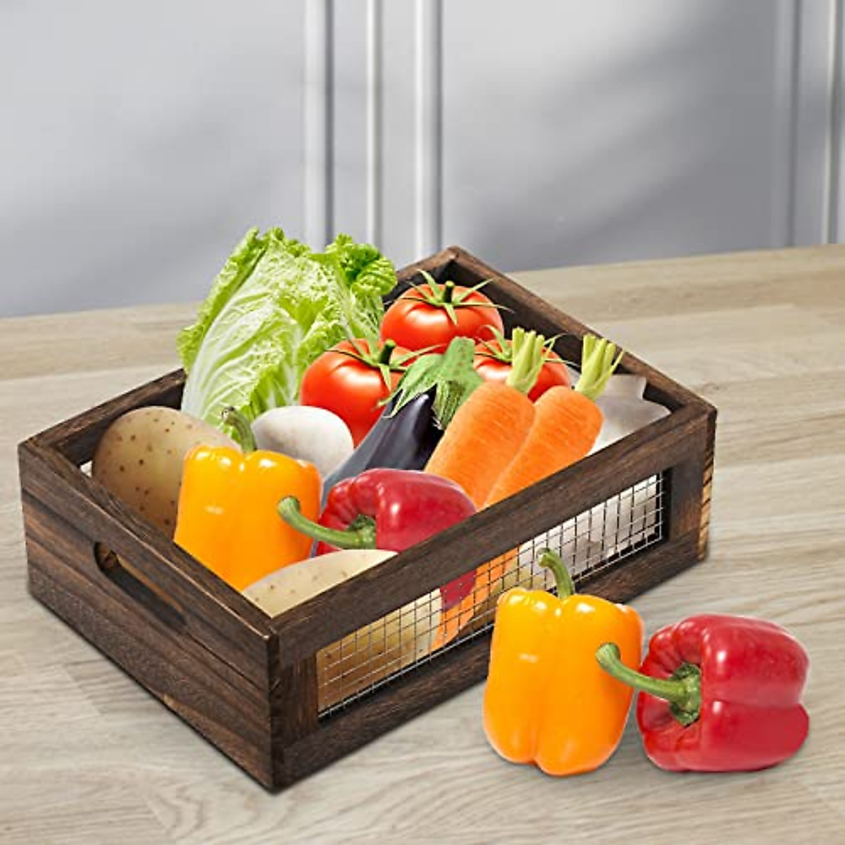 Dicunoy Set of 2 Rustic Nesting Boxes, Wooden Organizer Crates Basket, Small Decorative Wood Wire Containers with Handle for Countertop, Fruit, Veggies, Kitchen, Bathroom, Pantry Storage, Gift Basket