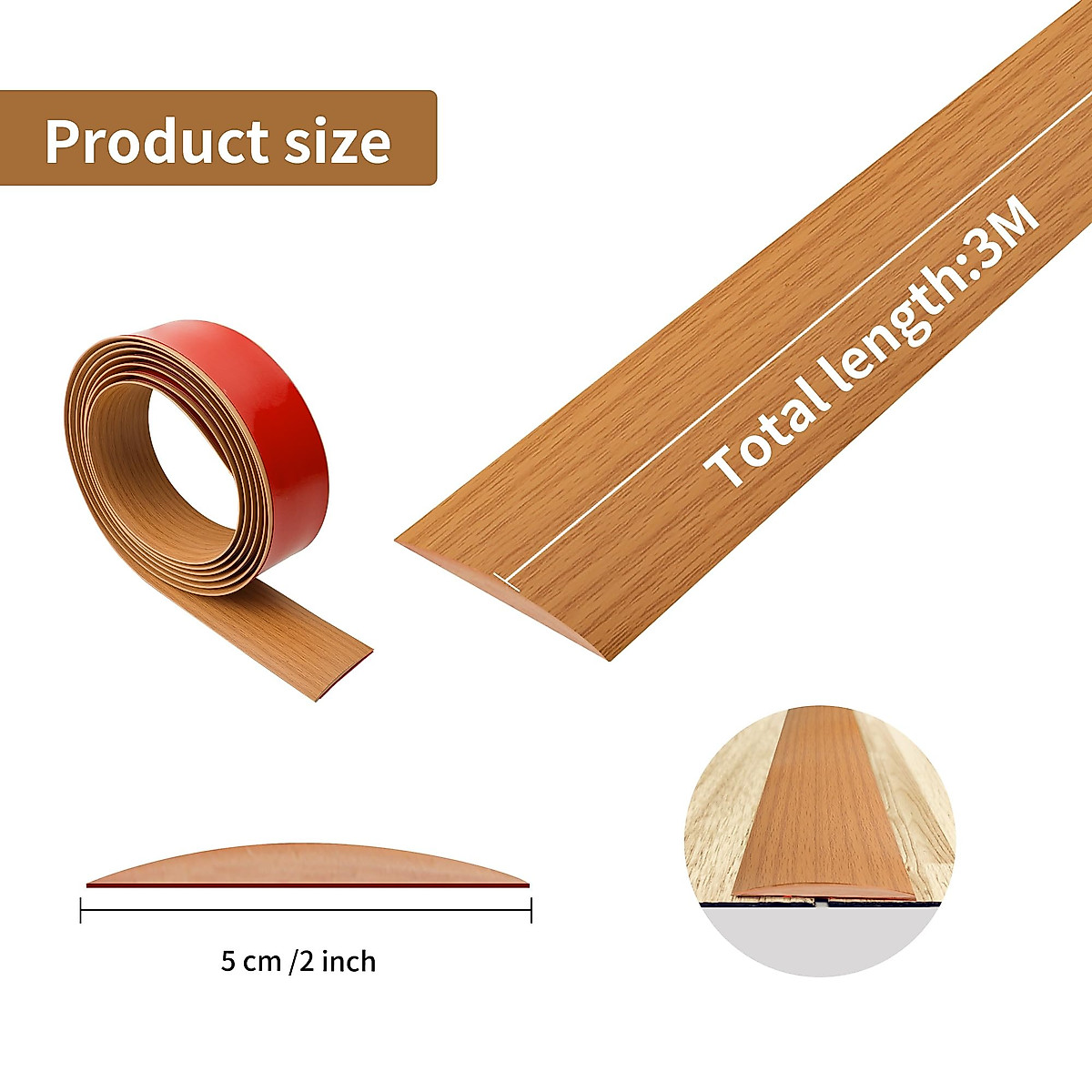 10 FT Flat Floor Transition Strip, 2" Wide Self Adhesive Vinyl Floor Edge Strip, Brown Wood Grain Transition Strip for Flooring