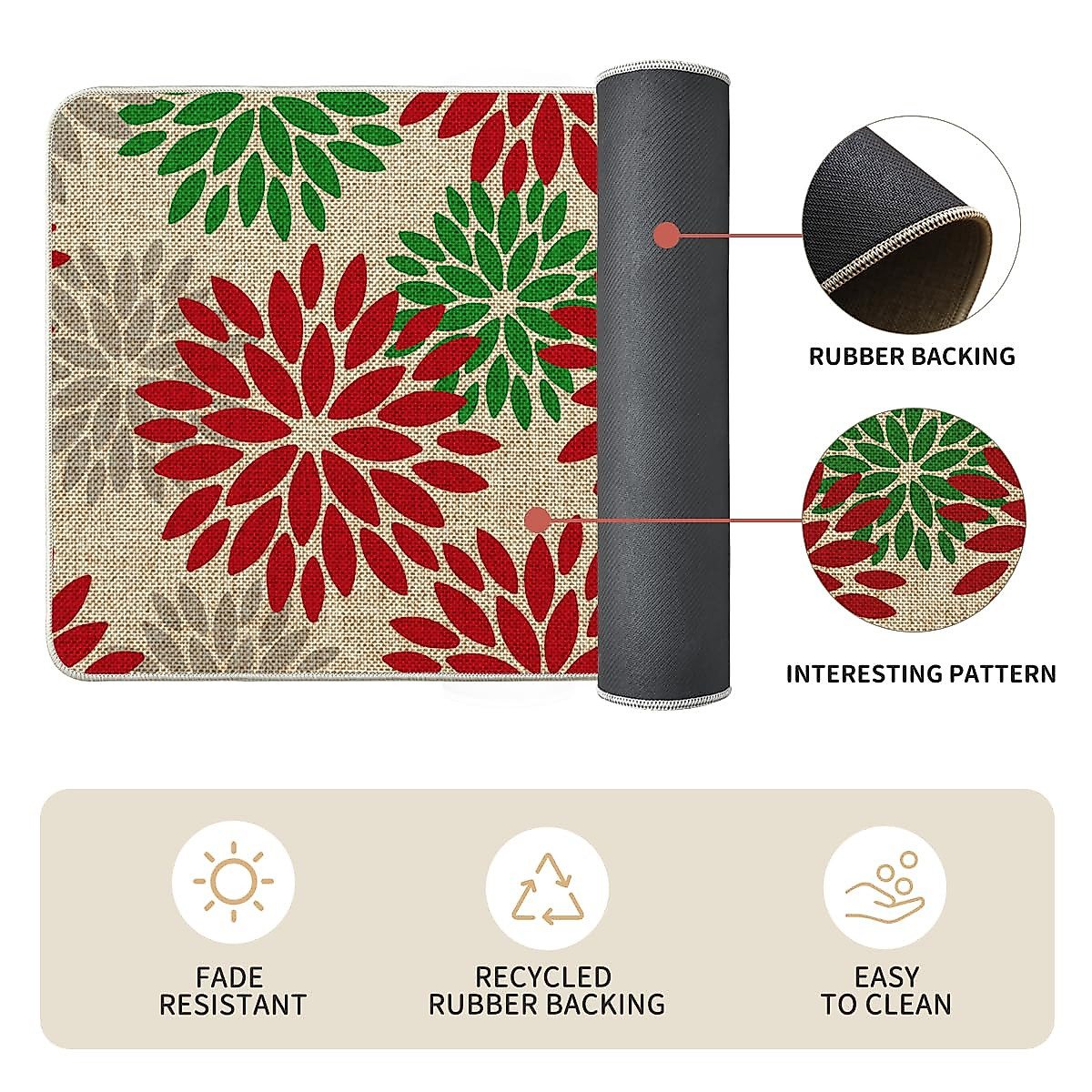 Artoid Mode Red Green Dahlia Floral Boho Christmas Kitchen Mats Set of 2, Winter Home Decor Low-Profile Kitchen Rugs for Floor - 17x29 and 17x47 Inch