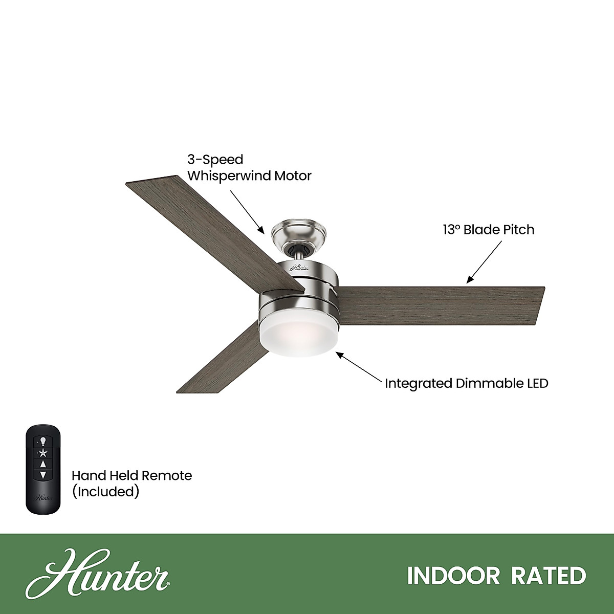 Hunter 54in Contemporary Ceiling Fan with Remote Control in Brushed Nickel (Renewed)