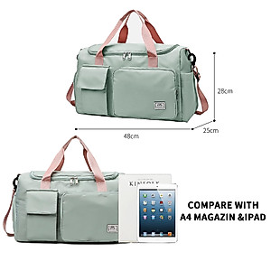 Travel Duffel Tote Bag with Dry Wet Separation Pocket, Weekender Bag for Women and Men，Waterproof Bag with Shoe Compartment Lightweight and Easy Carry on Green